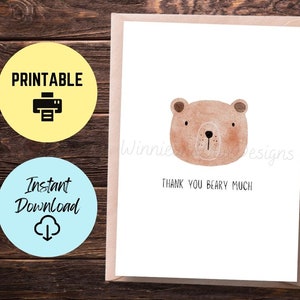 Printable Thank You Card, Funny Bear Thank You Card, Thank You Bear ...
