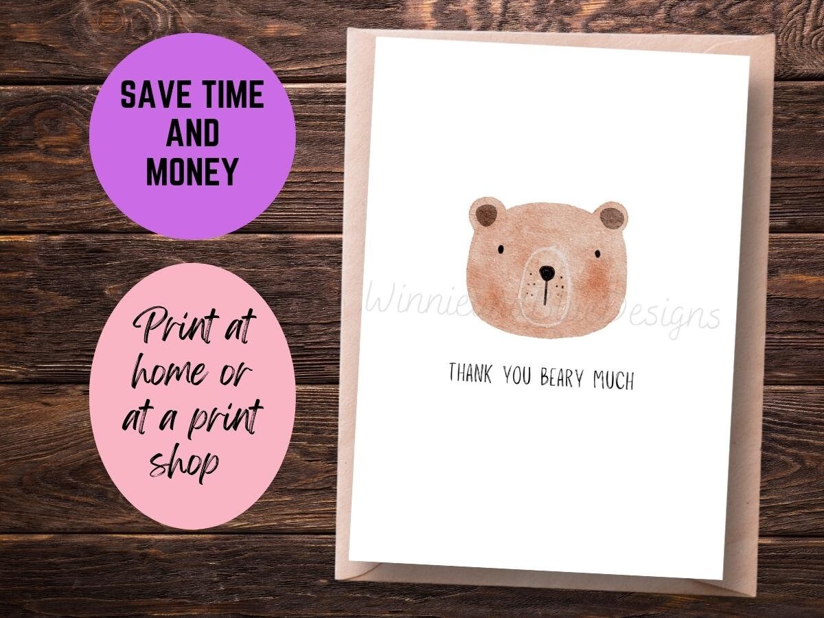 Printable Thank You Card, Funny Bear Thank You Card, Thank You Bear ...