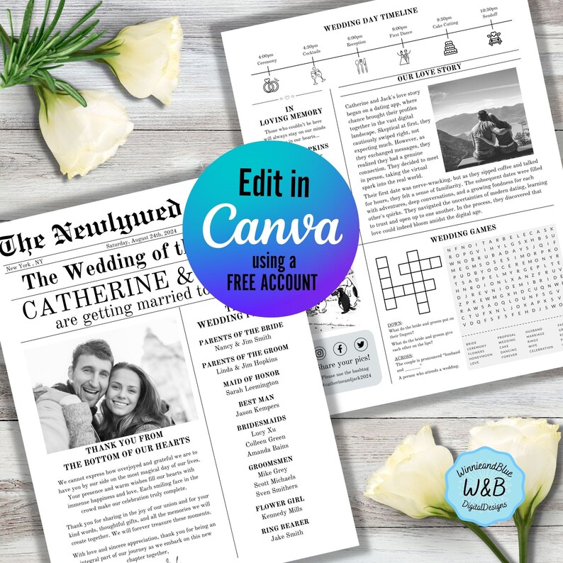 Newspaper Wedding Program Template, Editable Wedding Newspaper Program ...