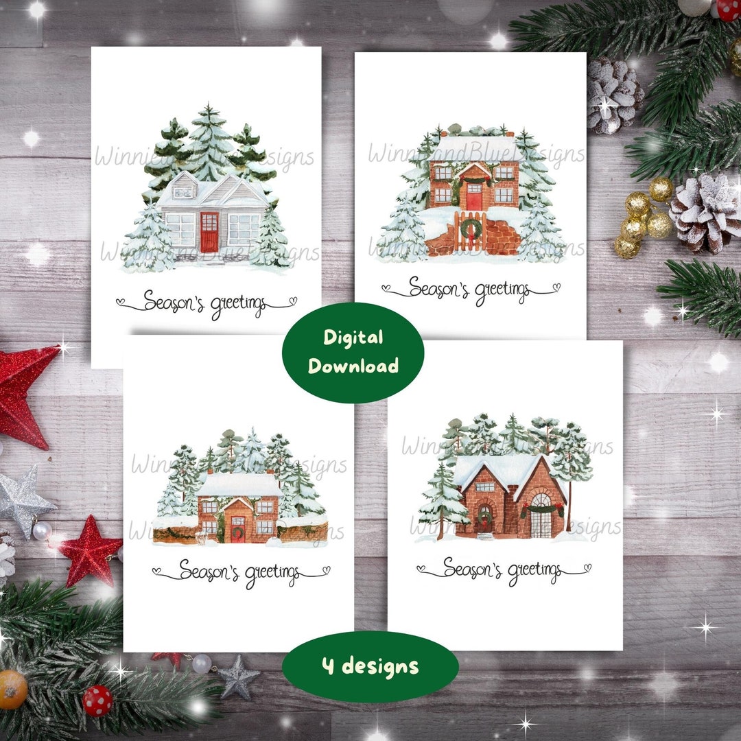 Christmas Card Bundle Printable - Seasons Greetings - 4 Cozy Winter ...