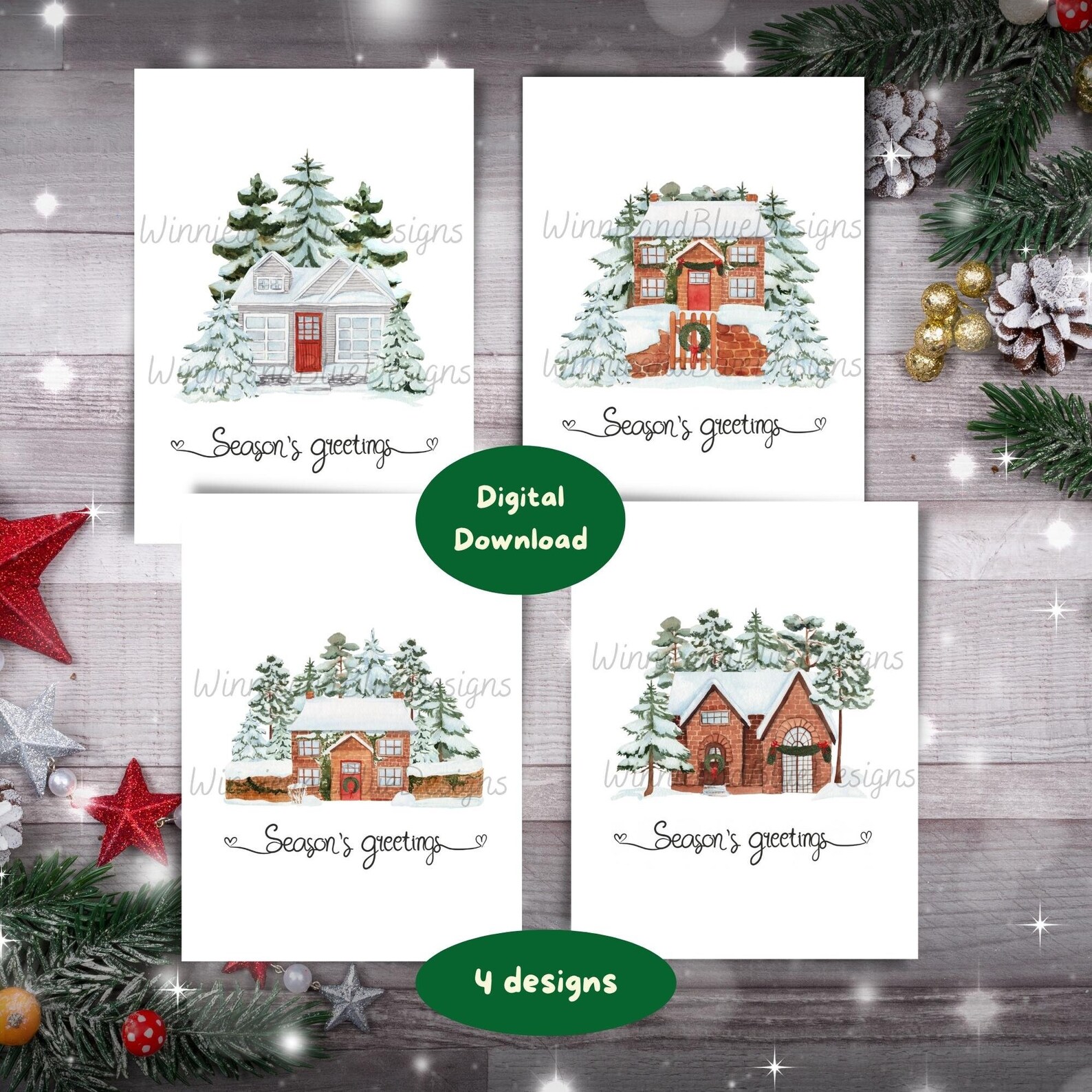Printable Christmas Cards - Seasons Greetings - 4 Cozy Winter Holiday ...