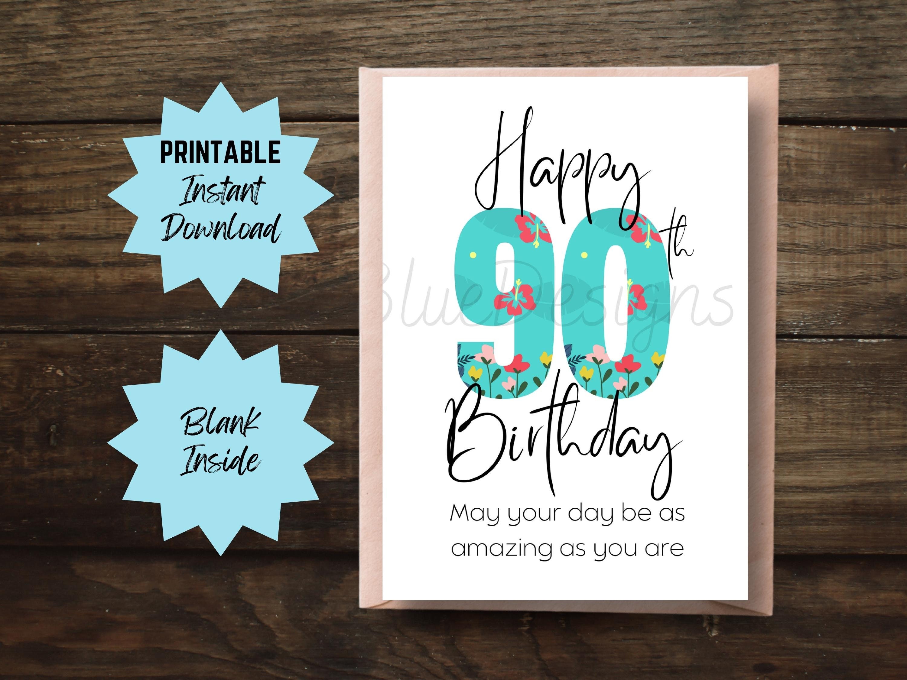 Floral 90th Birthday Card: Printable Milestone Gift (PDF) - Etsy