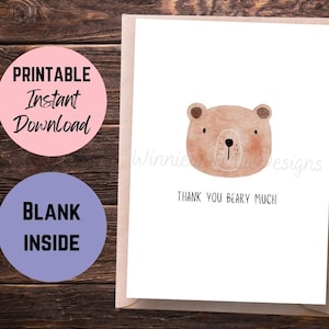 Printable Thank You Card, Funny Bear Thank You Card, Thank You Bear ...