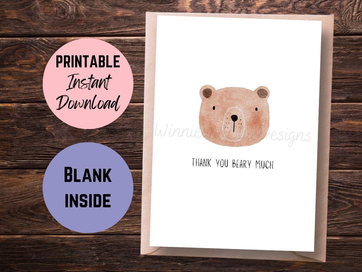Printable Thank You Card, Funny Bear Thank You Card, Thank You Bear ...