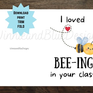 Printable Teacher Thank You Card, Bee Card for Teacher Appreciation, I ...
