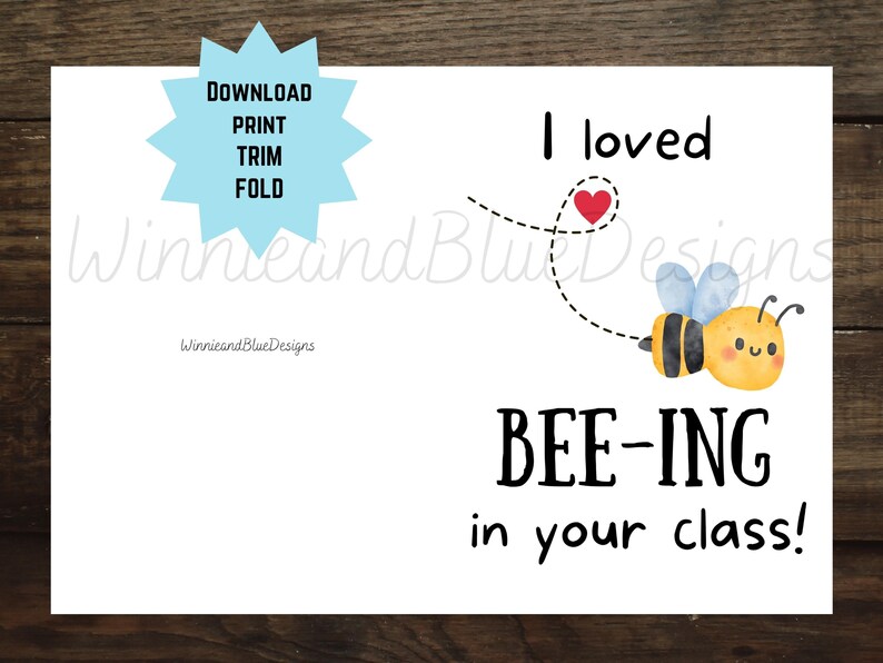 Printable Teacher Thank You Card, Bee Card for Teacher Appreciation, I ...