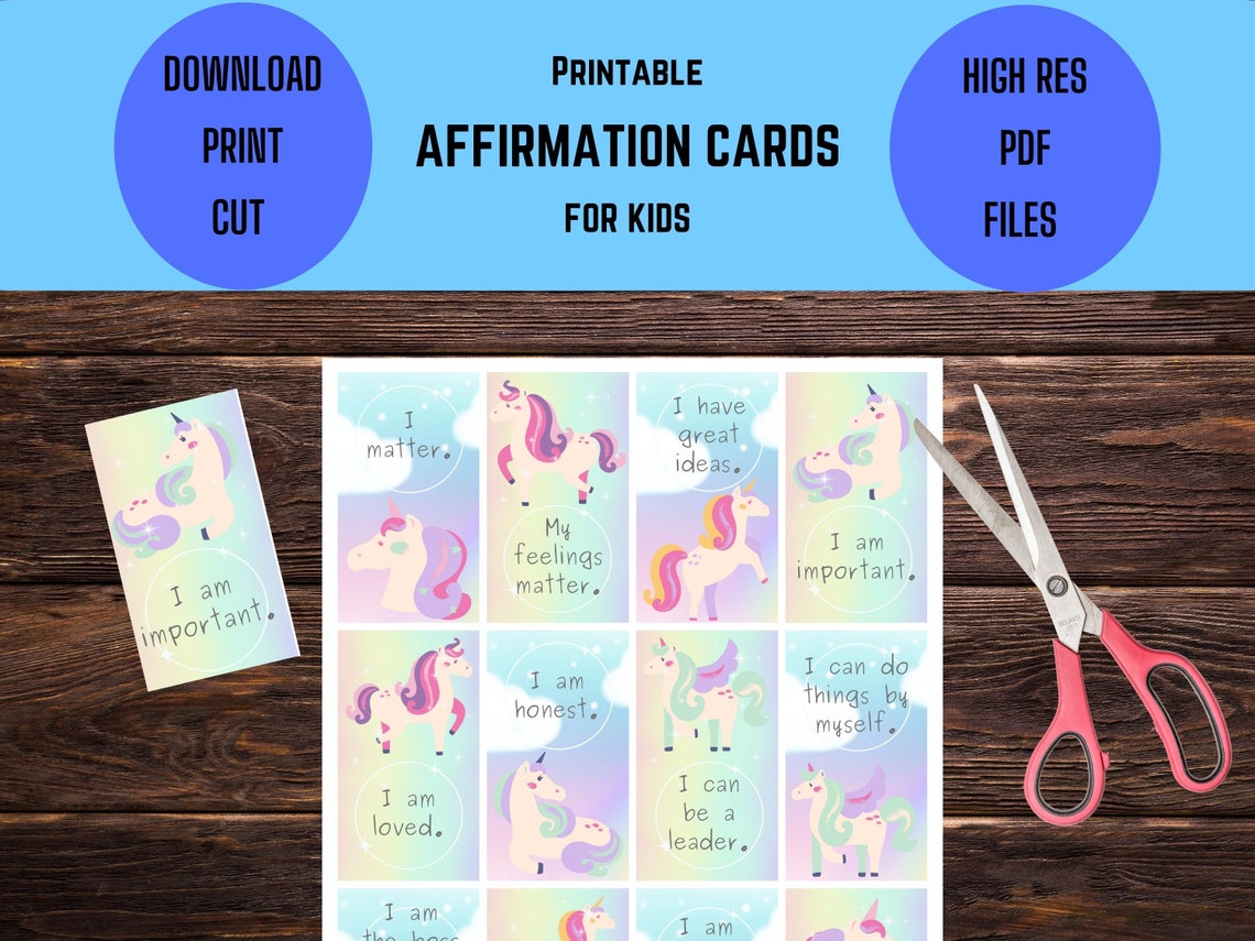 Printable Affirmation Cards, Kids Unicorn Affirmation Cards, 36 ...