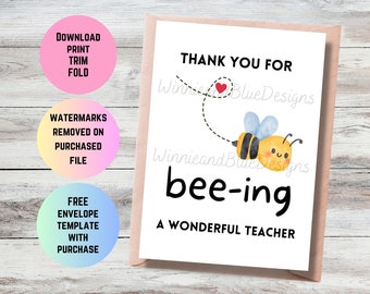 Printable Teacher Thank You Card, Bee Card for Teacher Appreciation, I ...