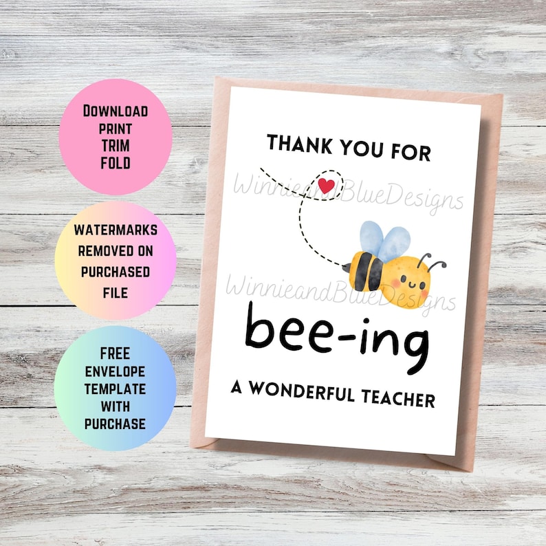 Printable Teacher Thank You Card, Bee Card for Teacher Appreciation ...