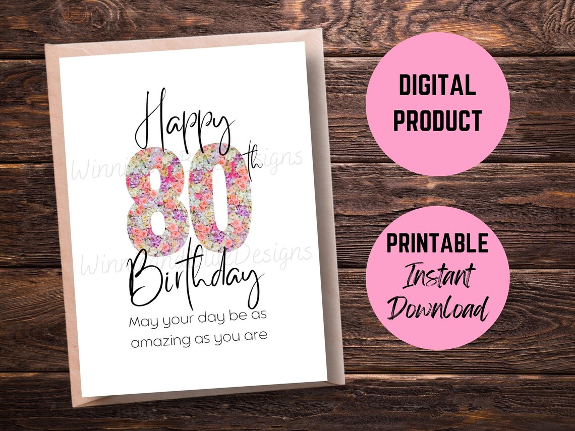 Printable 80th Birthday Card, Grandma or Grandpa Birthday Gift, Happy ...
