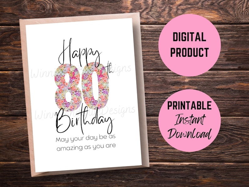 Printable 80th Birthday Card, Grandma or Grandpa Birthday Gift, Happy ...