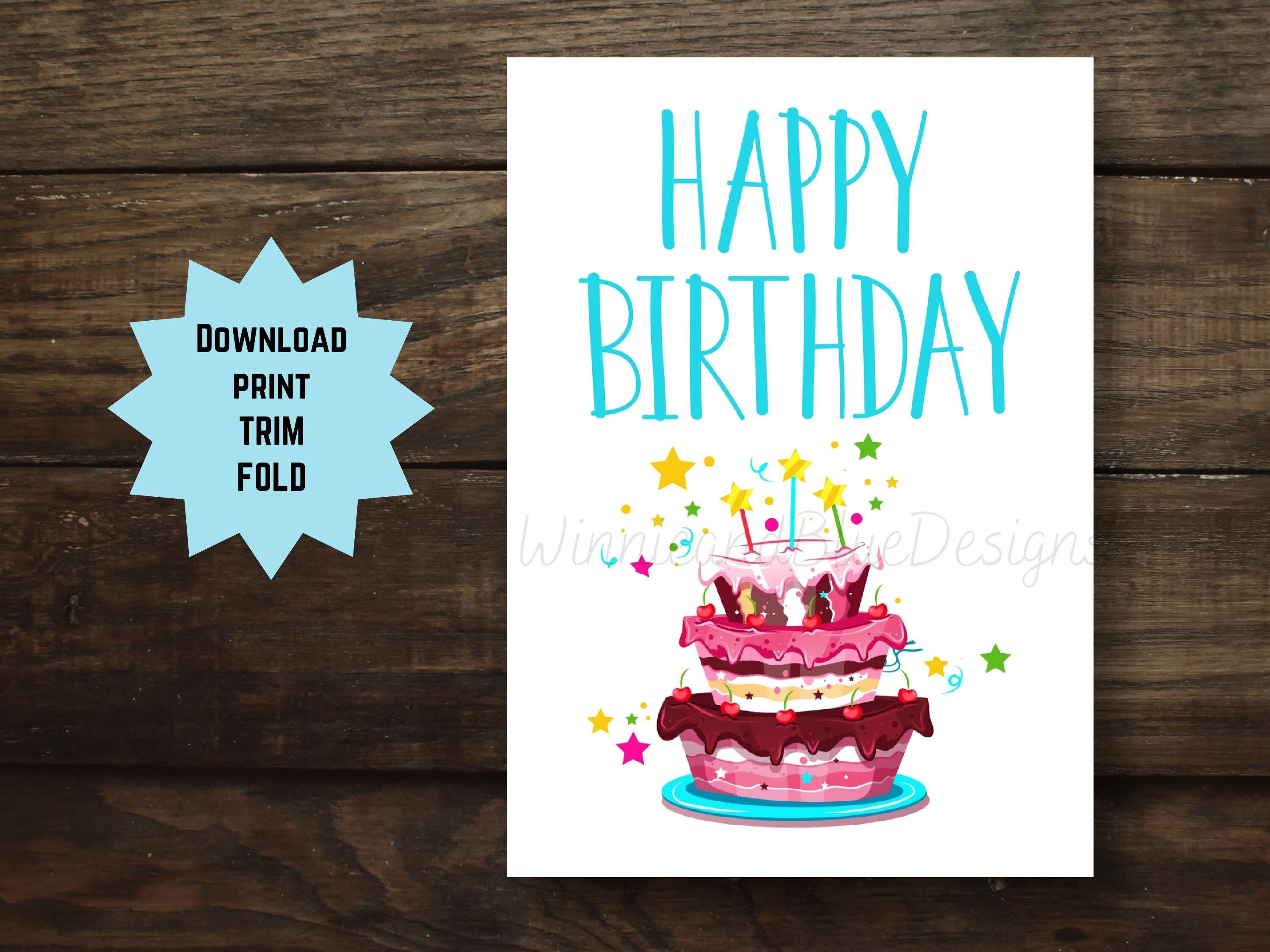 Printable Birthday Card, Happy Birthday Card, Cute Birthday Cake Card ...