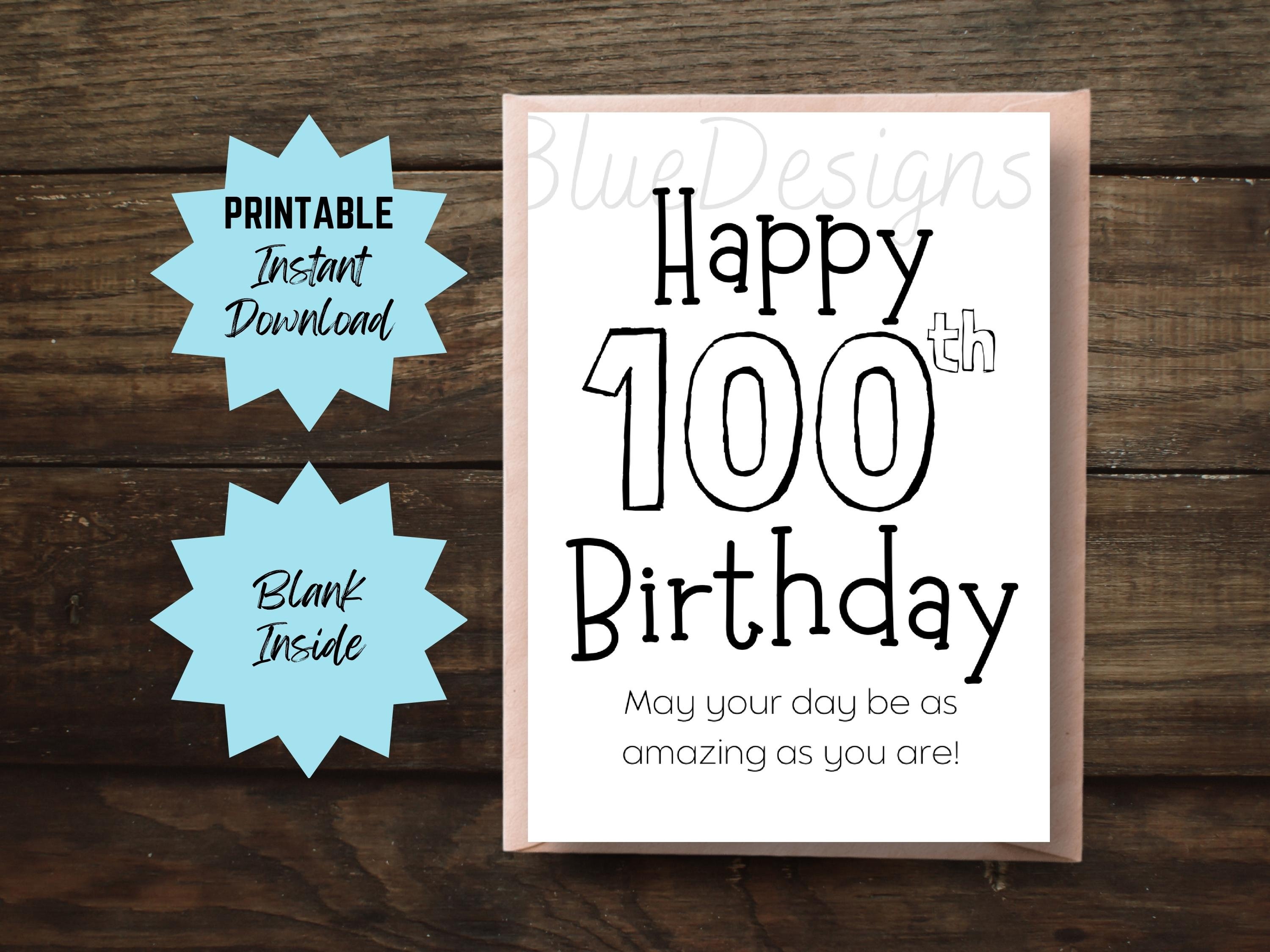 100th Birthday Card Printable, Simple Happy 100 Birthday Card, Grandma ...