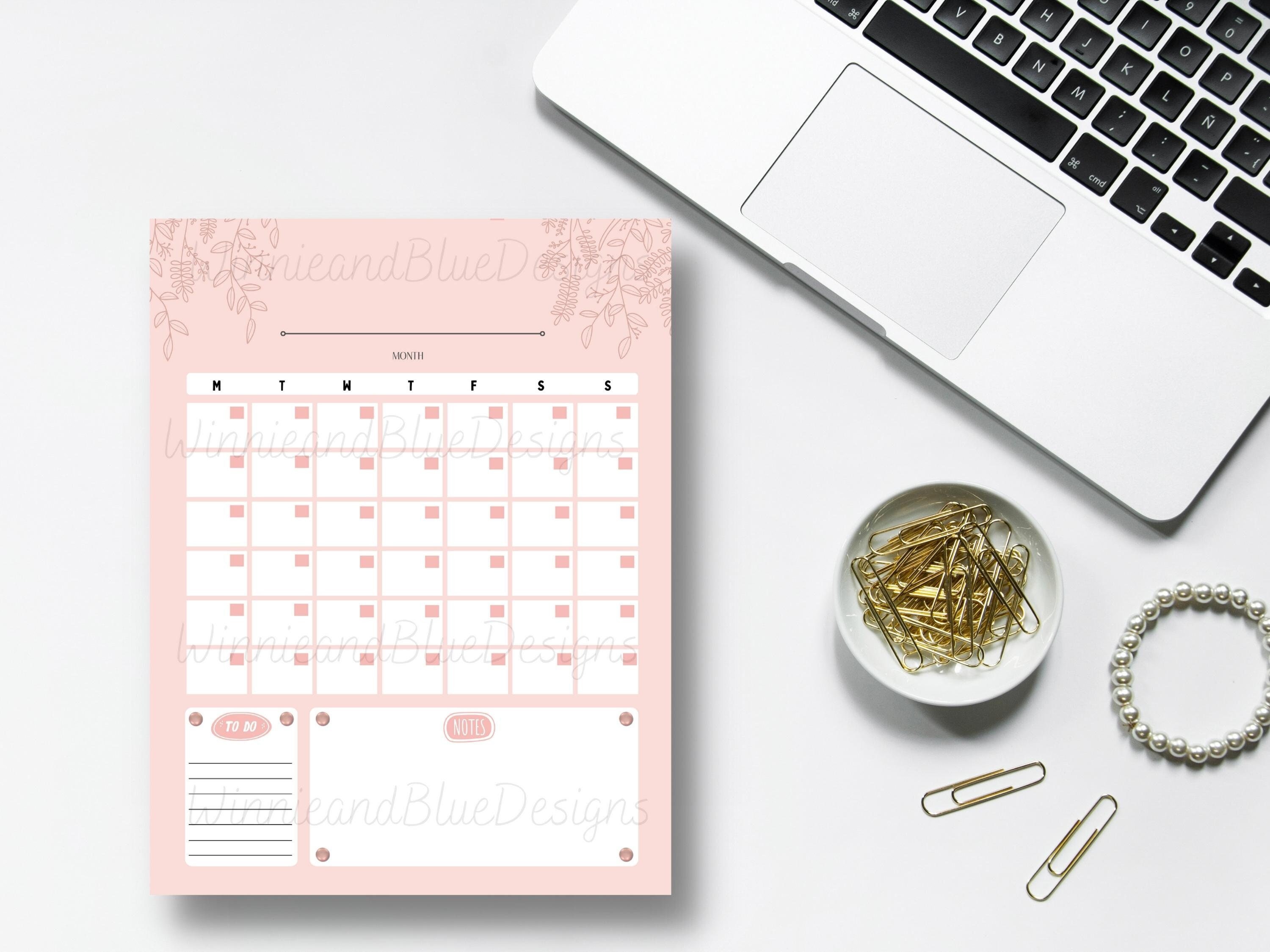 Printable Monthly Calendar, Pink Floral Blank Monthly Calendar Template ...