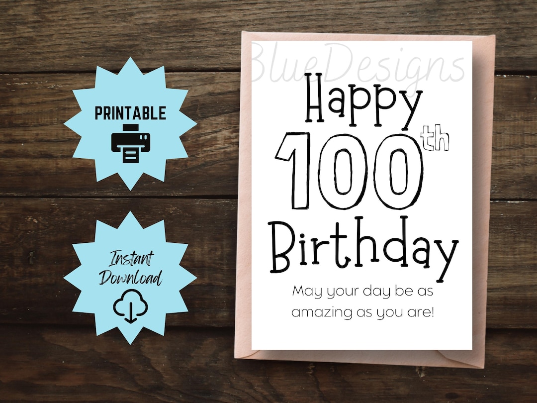 100th Birthday Card Printable, Simple Happy 100 Birthday Card, Grandma ...