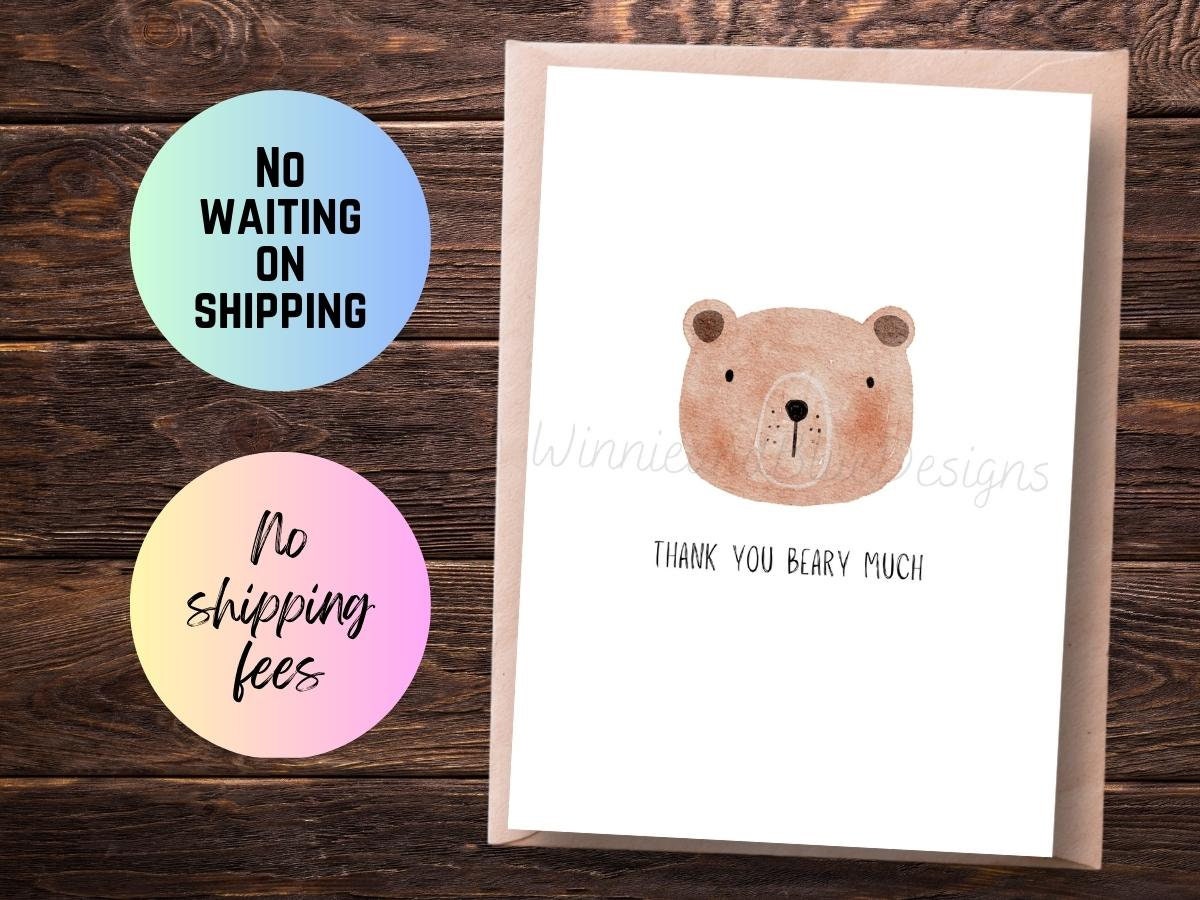 Printable Thank You Card, Funny Bear Thank You Card, Thank You Bear ...