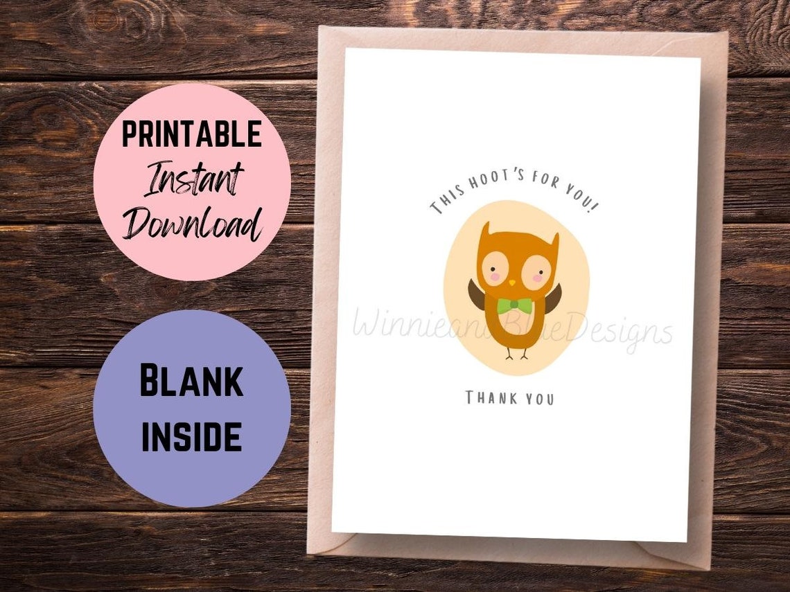Printable Owl Thank You Card, This Hoots for You Thank You Card, Funny ...
