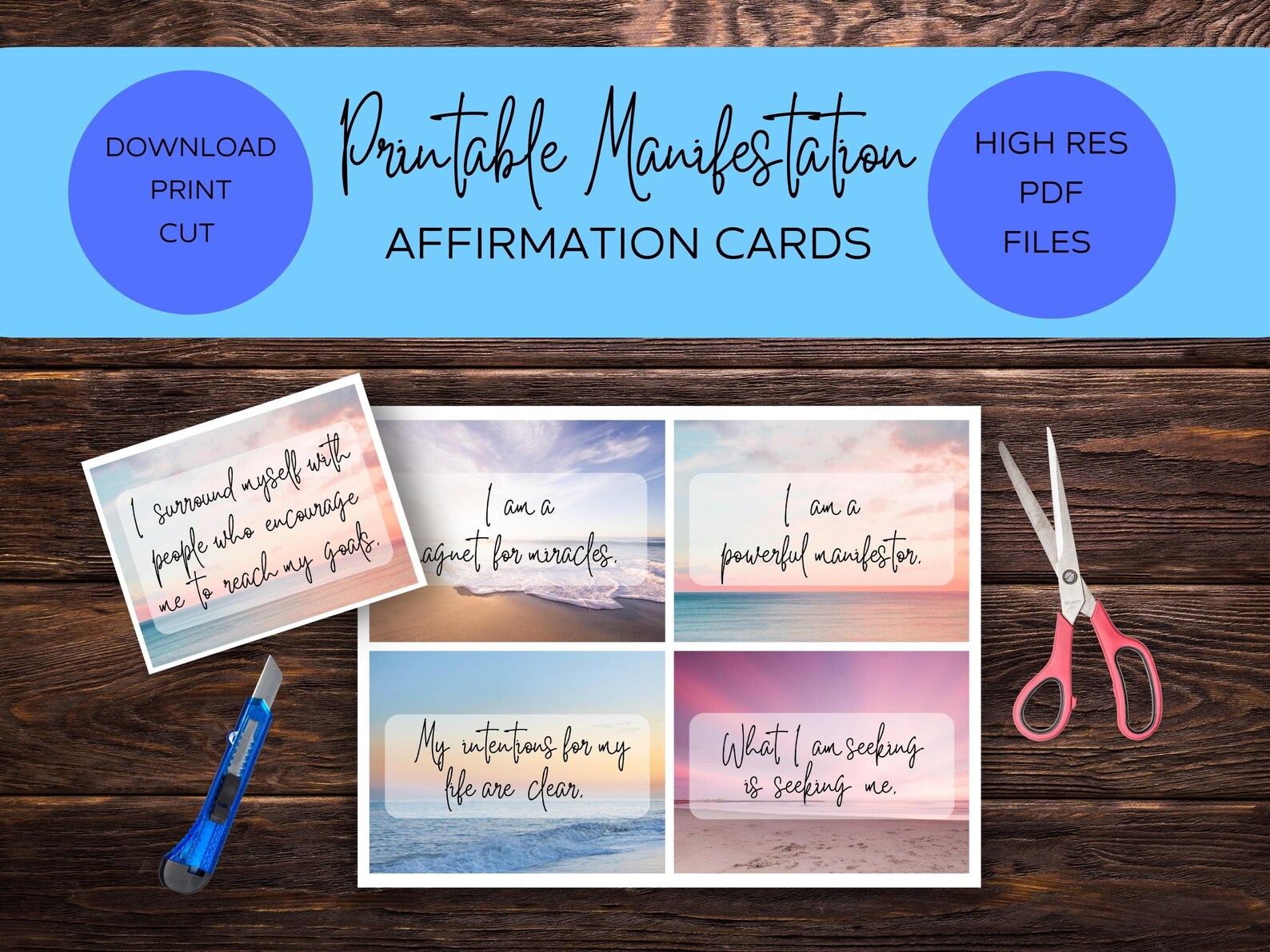 Printable Positive Affirmation Cards Beach Theme, I Am Affirmations, 28 ...