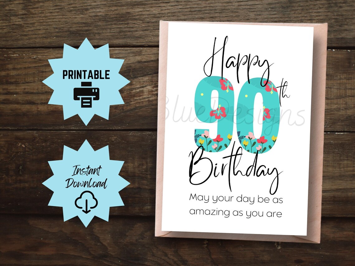 Floral 90th Birthday Card: Printable Milestone Gift (PDF) - Etsy