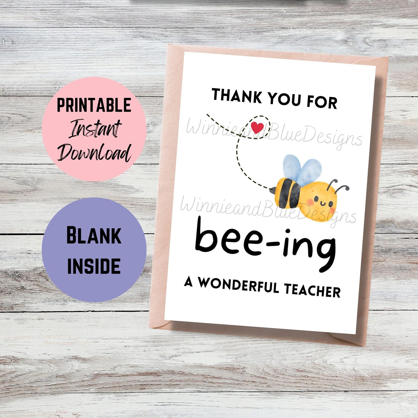 Printable Teacher Thank You Card, Bee Card for Teacher Appreciation ...