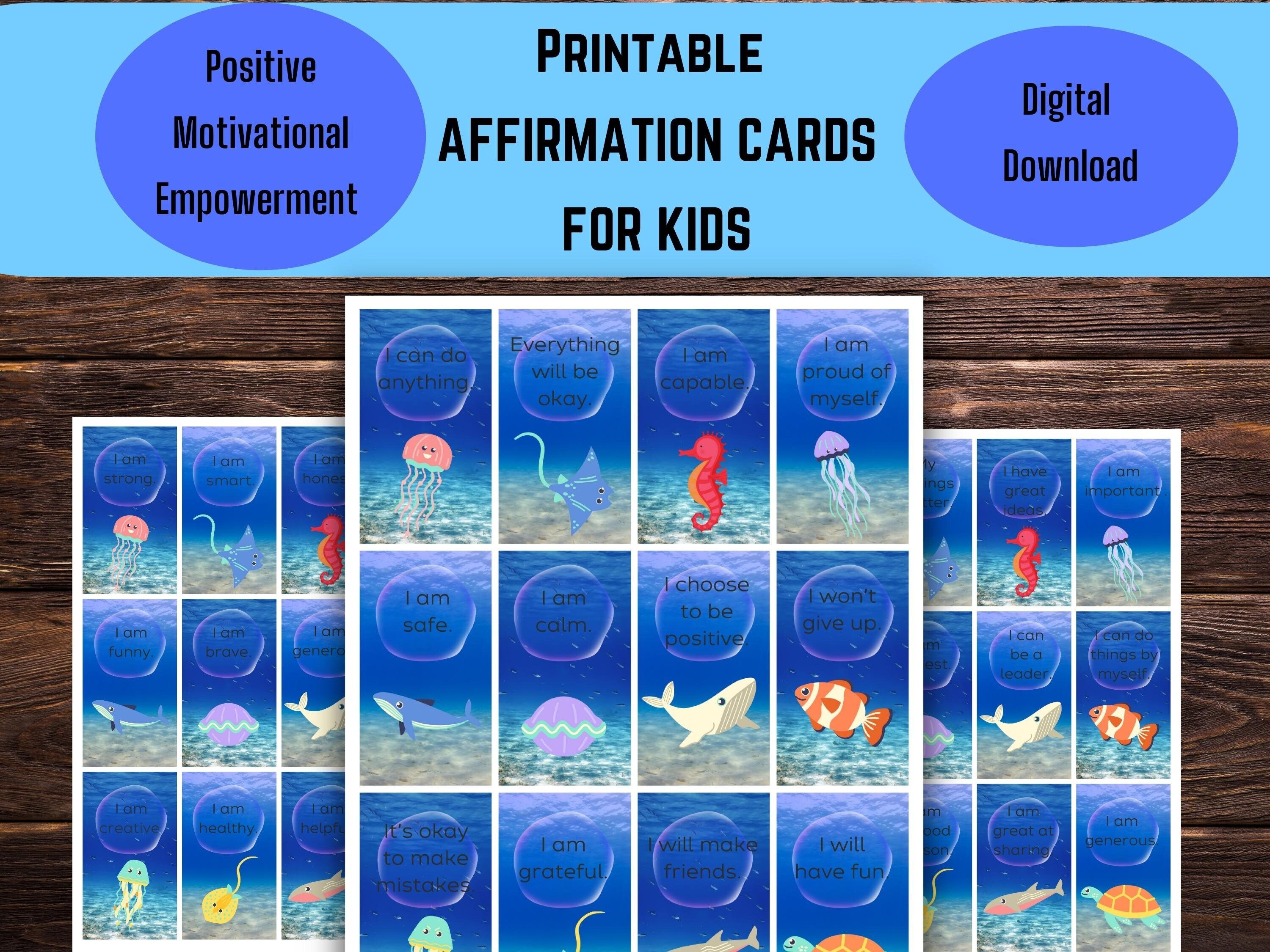 Printable Affirmation Cards for Kids, 36 Sea Creature Motivational ...