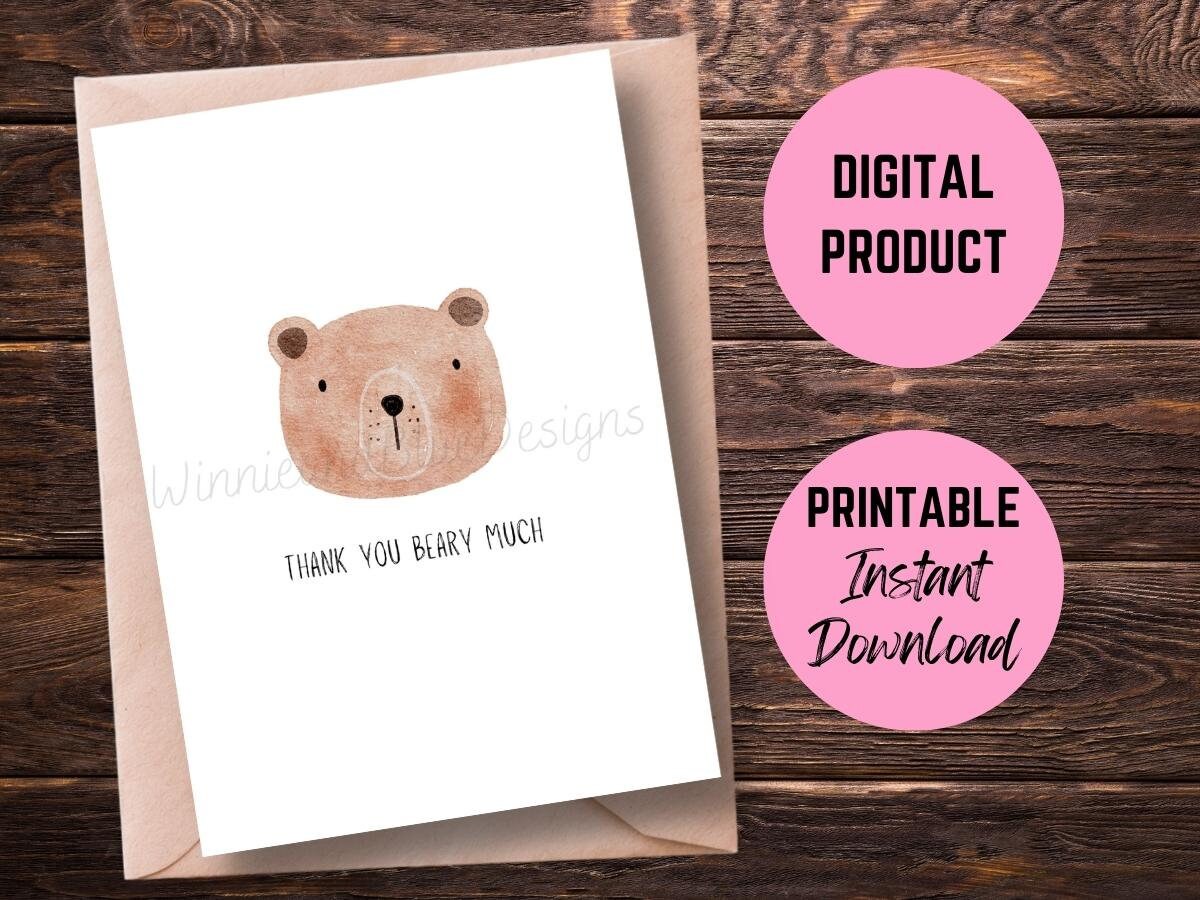 Printable Thank You Card, Funny Bear Thank You Card, Thank You Bear ...