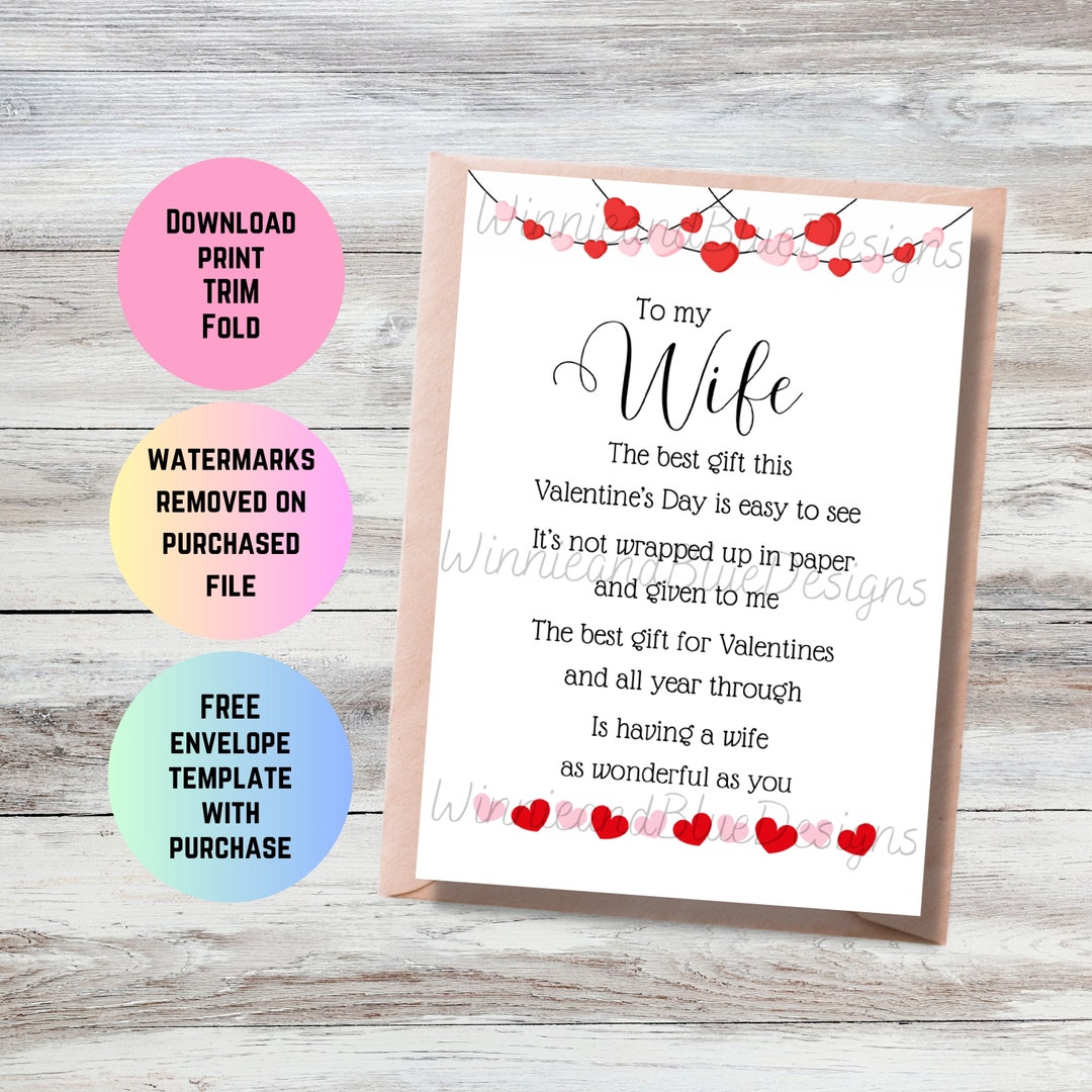 Printable Wife Valentines Day Card, Valentine Poem Card for Wife ...