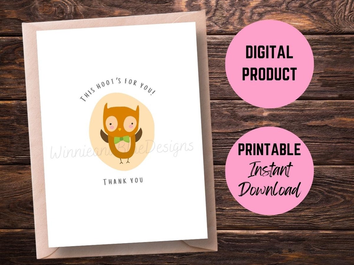Printable Owl Thank You Card, This Hoots for You Thank You Card, Funny ...