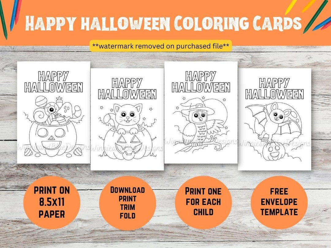 Coloring Halloween Cards for Kids - Owl, Cat, Pumpkin, Bat Designs ...