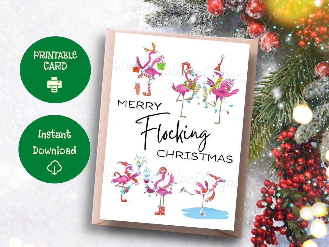 Flamingo Christmas Card: Merry Flocking Christmas (printable PDF) - Etsy