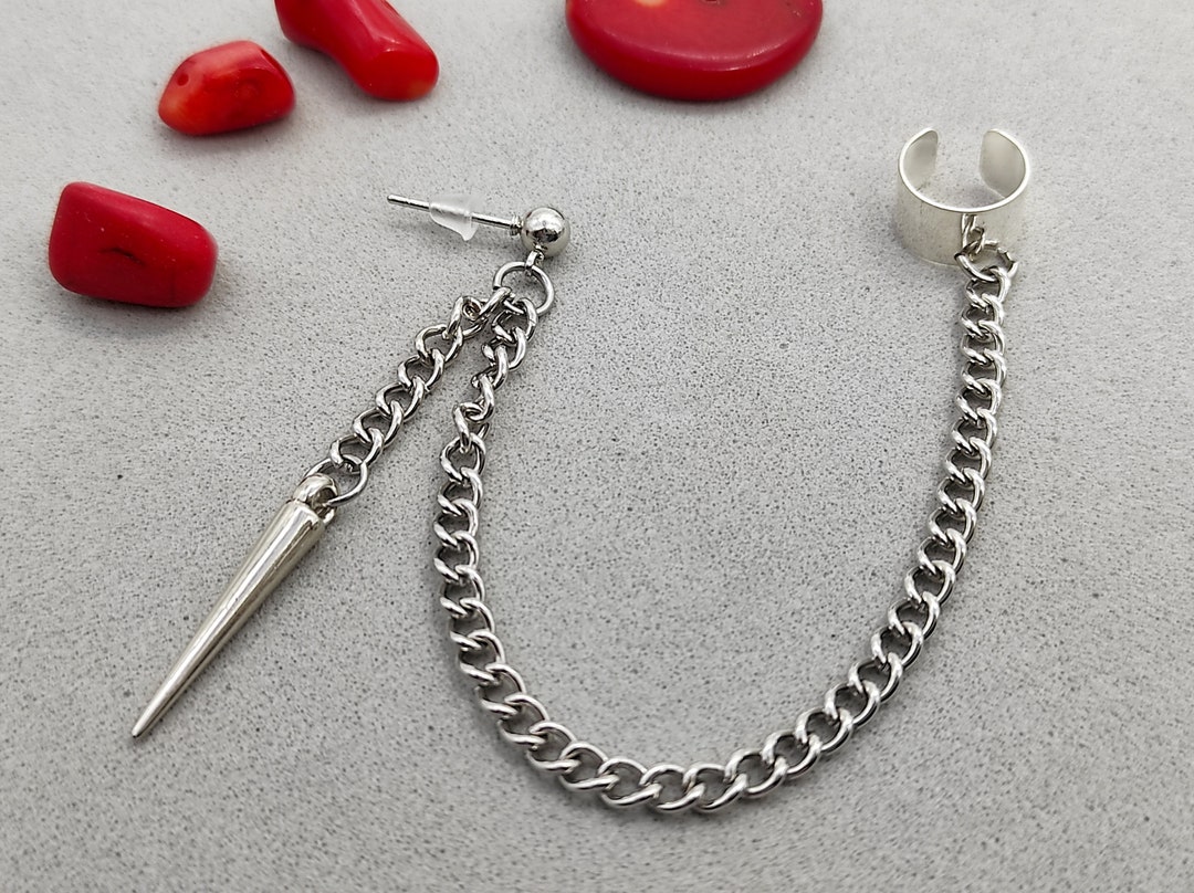Spike Earring With Chain and Cuff Wrap, Silver Spike, Men Jewelry ...