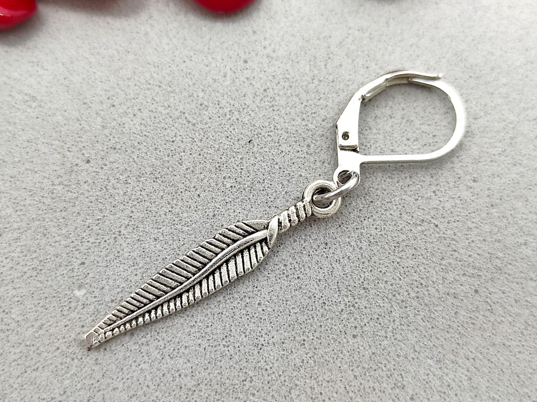 Silver Feather Earring, Men Feather Dangle, Dangle Earring, Silver ...