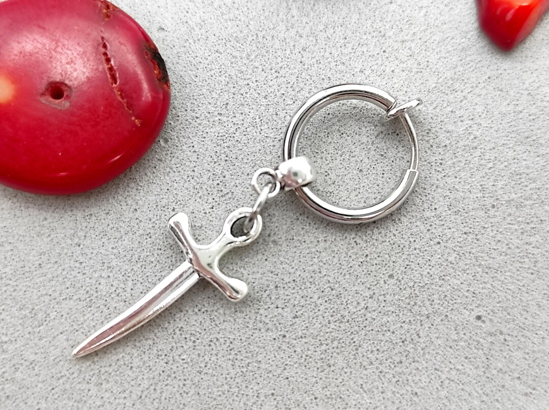 Dagger Earring, Clip ON Earring, Men Hoop Earring, Silver Knife, Dagger ...