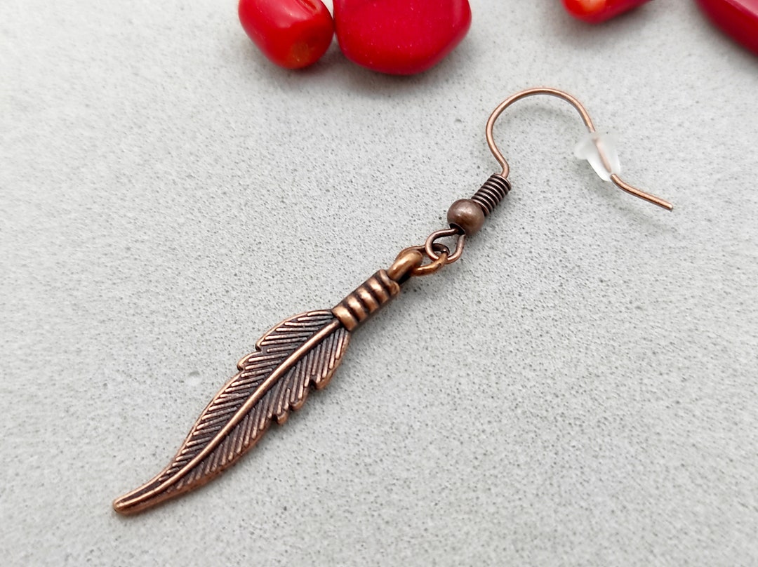 Copper Feather Earring, Men Feather Dangle, Dangle Earring, Brown ...