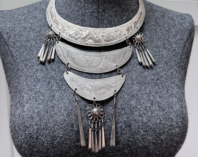 Vintage Hmong Miao Silver Plate Necklace Bib Choker Ceremonial - Etsy