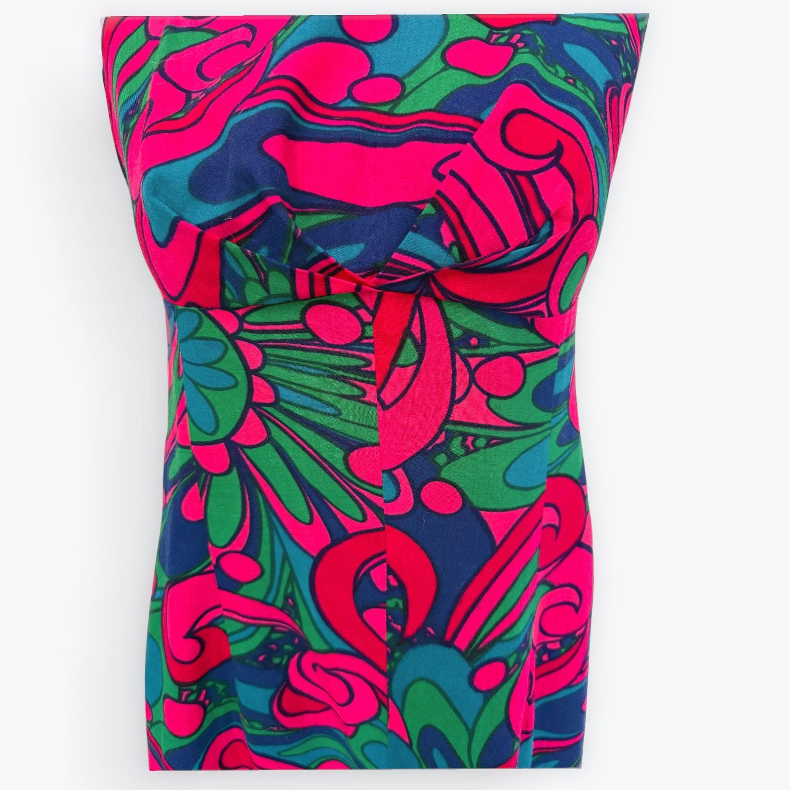 Vintage Psychedelic 60s 70s Waterfall Train Back Hawaiian Dress by Hale ...