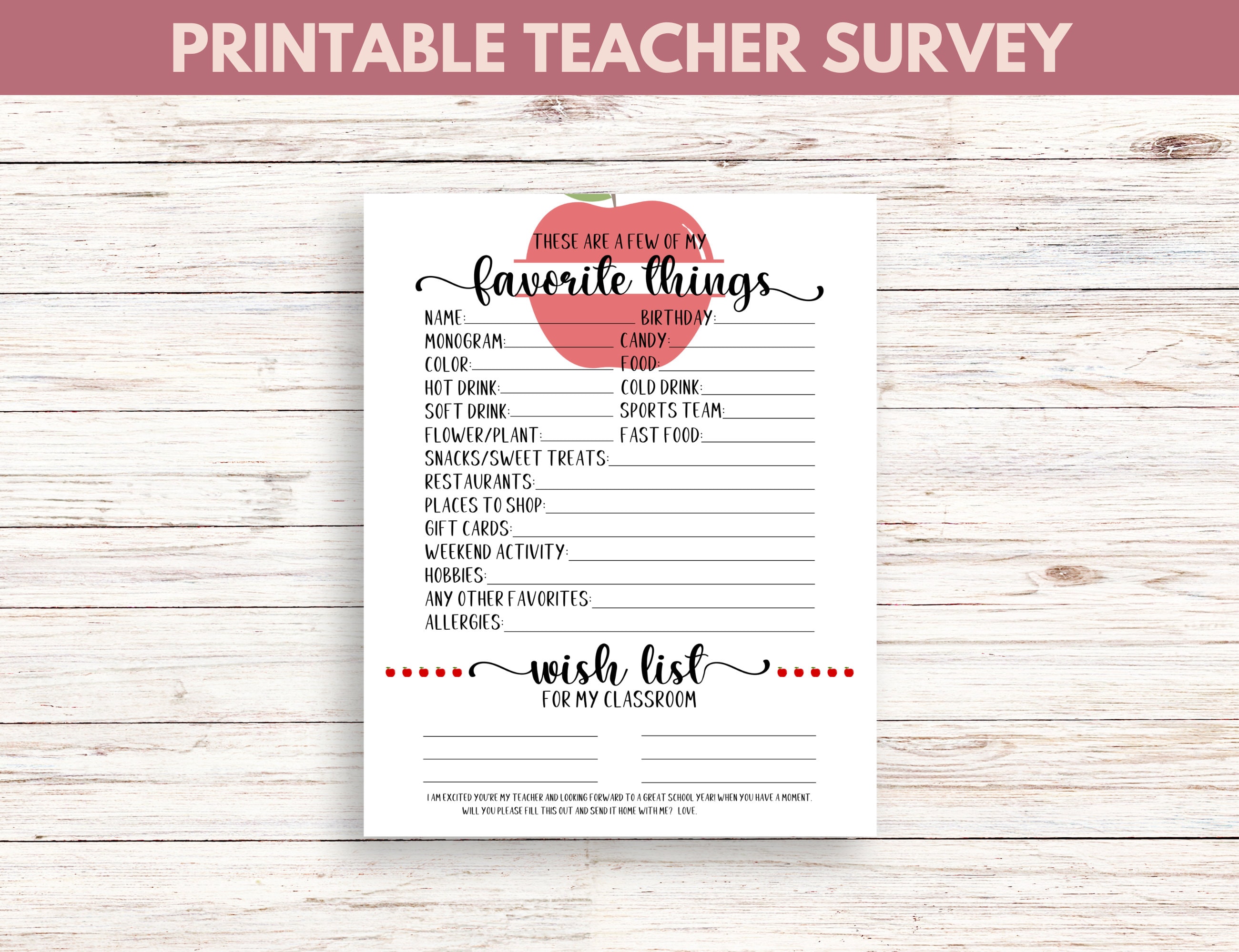 Teacher Favorite Things Survey All About My Teacher Teacher Gifts ...