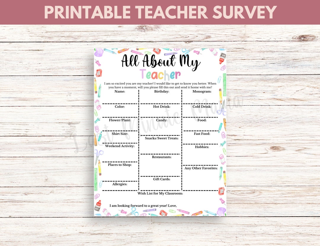 Teacher Favorite Things Survey All About My Teacher Teacher Gifts ...