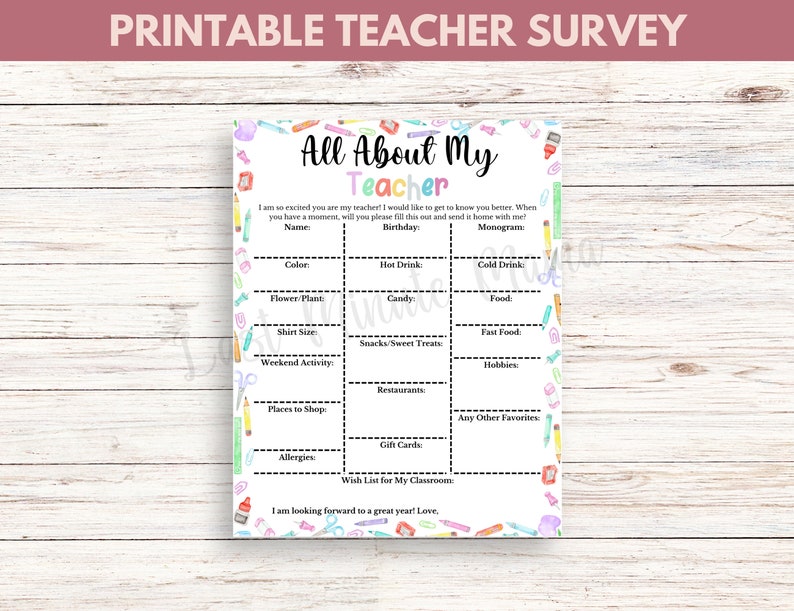 Teacher Favorite Things Survey All About My Teacher - Etsy