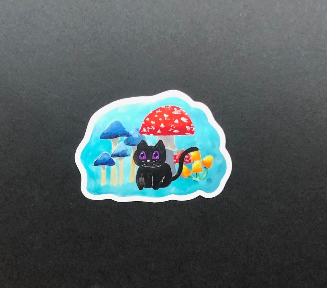 Mushroom Black Cat Vinyl Sticker, Cute Kitty Waterproof Decal ...