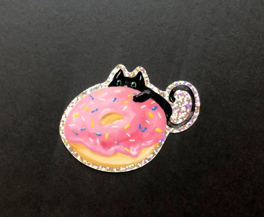 Glitter Black Cat and Donut Stickers, Waterproof Vinyl Decals, Cute ...
