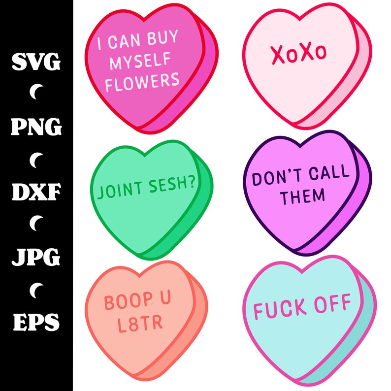 Candy Hearts Set of 6 SVG, Png, Dxf, Jpg & Eps. Funny Candy Heart Svg ...