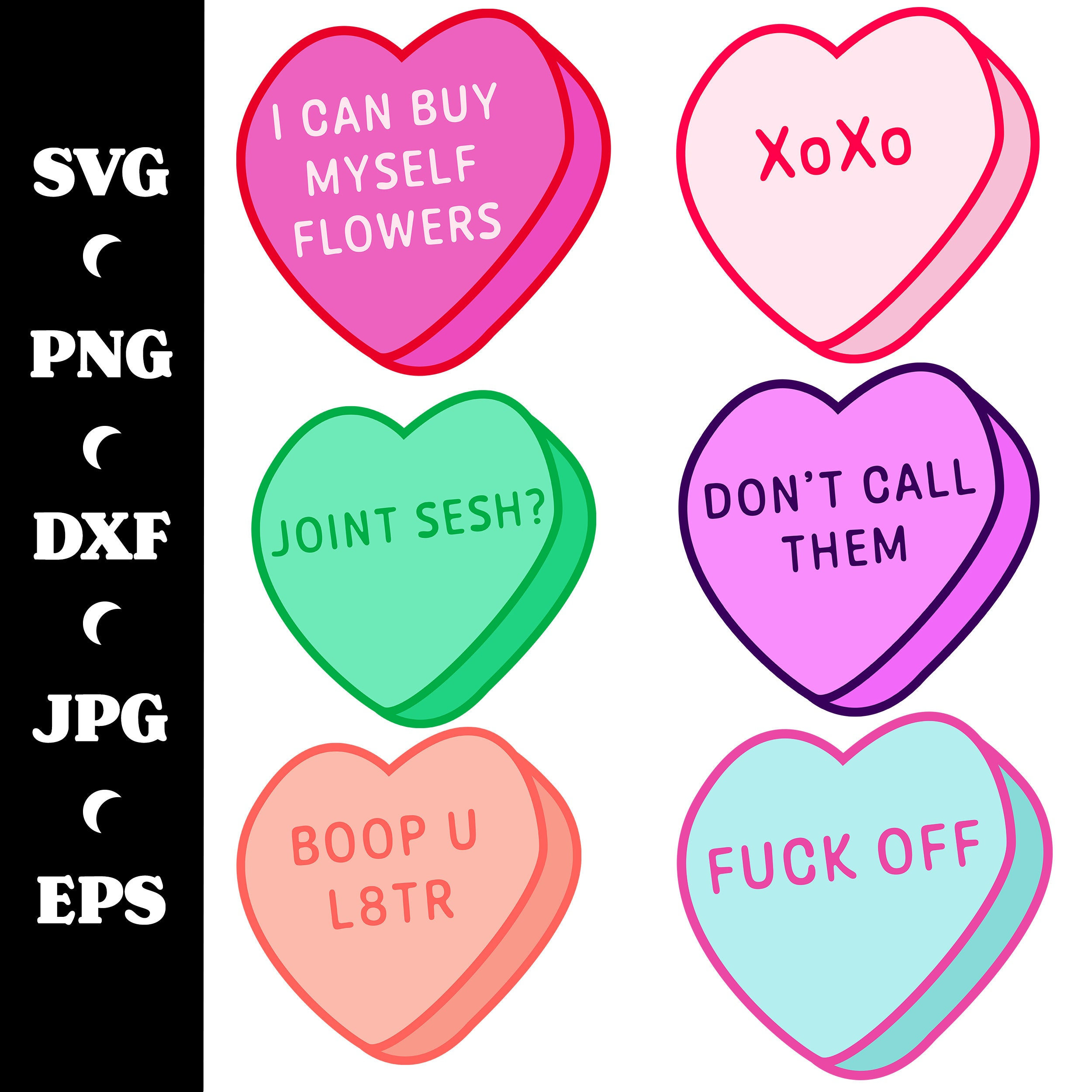 Candy Hearts | Set of 6 | SVG, Png, Dxf, Jpg & Eps. Funny Candy Heart ...