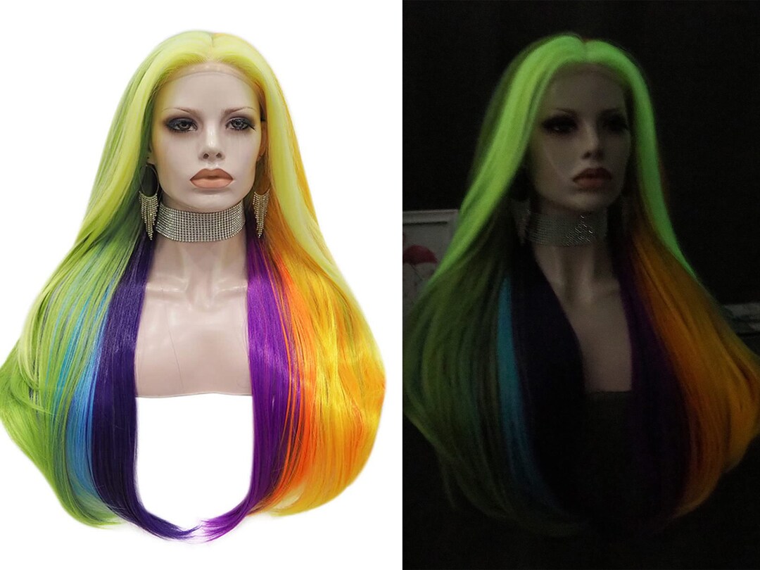 Multi-colored Rainbow Lace Front Wig Glow in Dark Luminous Heat ...