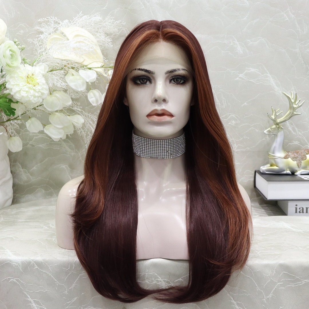 Imstyle Dark Brown Wig Highlight Ginger T Part Lace Wig Synthetic Lace ...