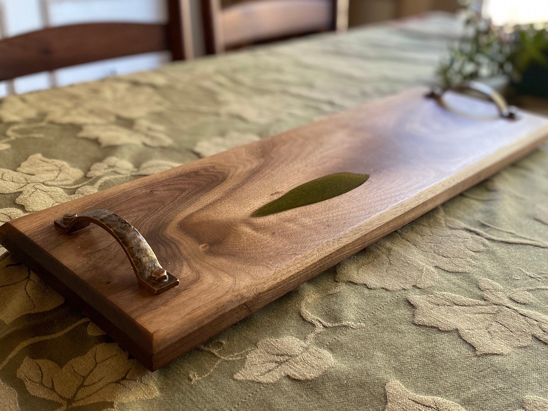Large Black Walnut Serving Tray With Copper Handles and Emerald Green ...