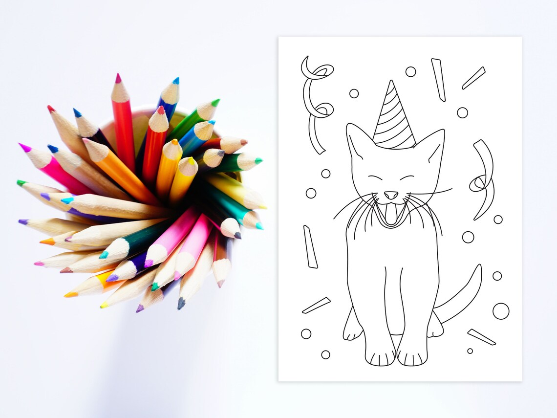 Kitten Coloring Page, Cat Birthday Party Favors, Printable Coloring for ...