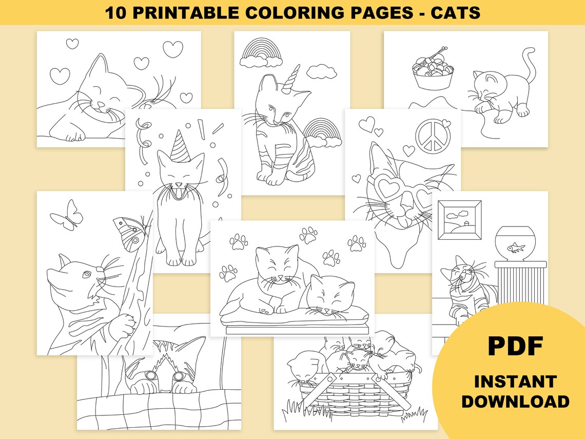 Kitten Coloring Page, Cat Birthday Party Favors, Printable Coloring for ...