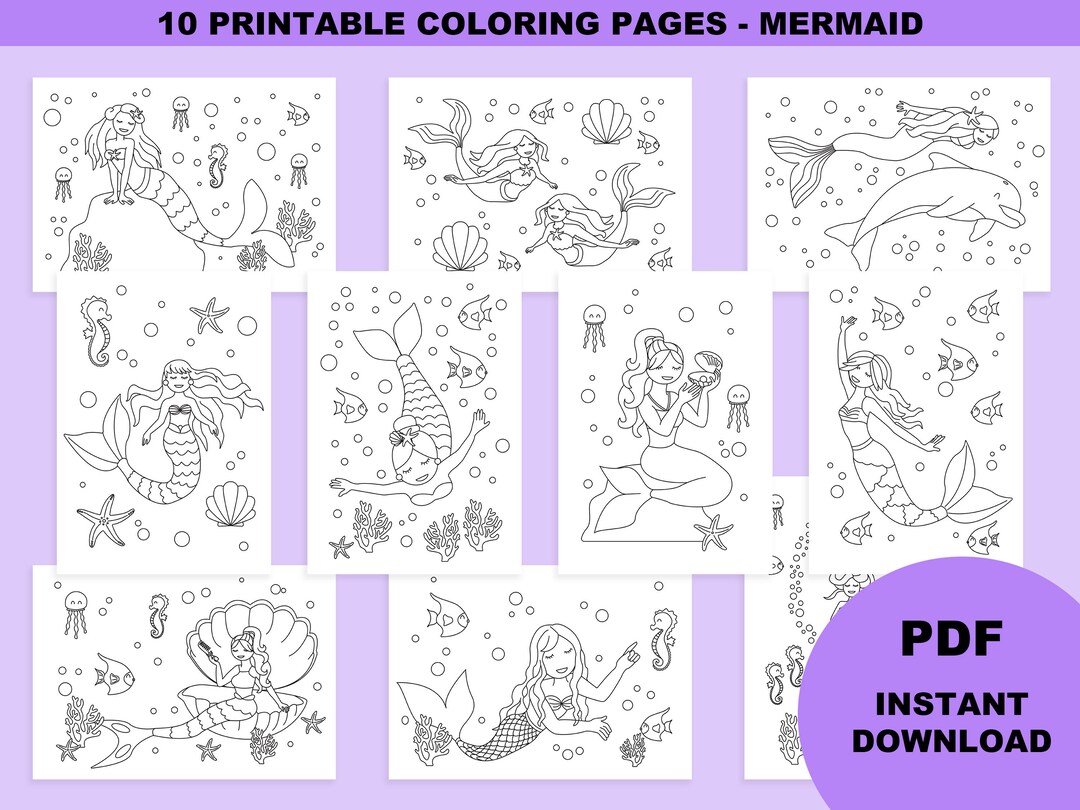 Mermaid Coloring Pages, Mermaid Party Favors, Instant Download ...
