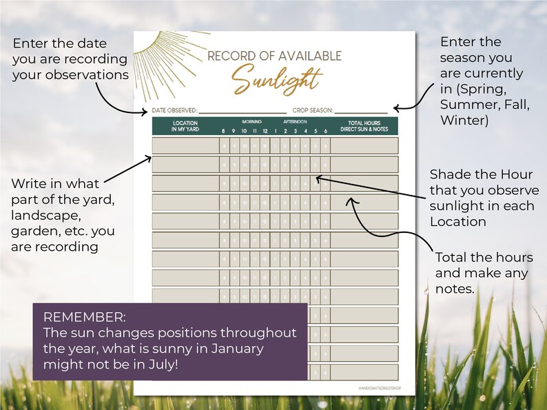 Printable Sun Tracker ǀ Record of Sunlight ǀ Garden Layout - Etsy